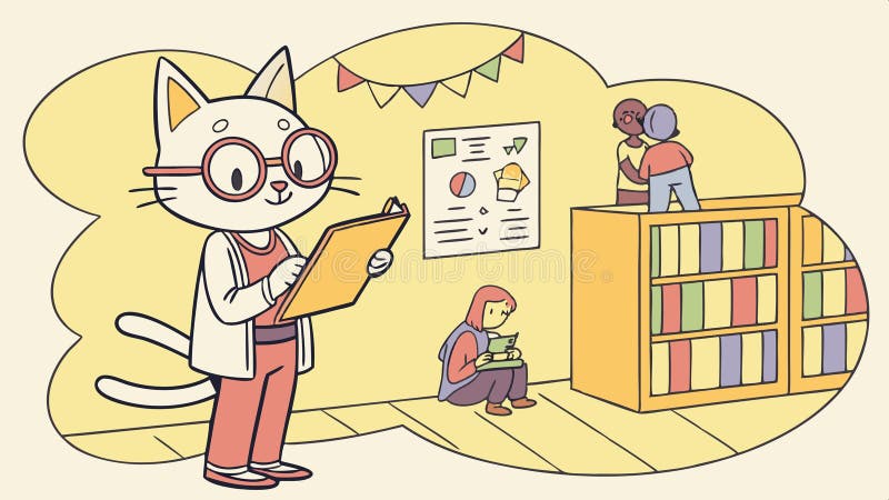 Cat Teacher with Students and Globe for Geography Lesson in Class ...