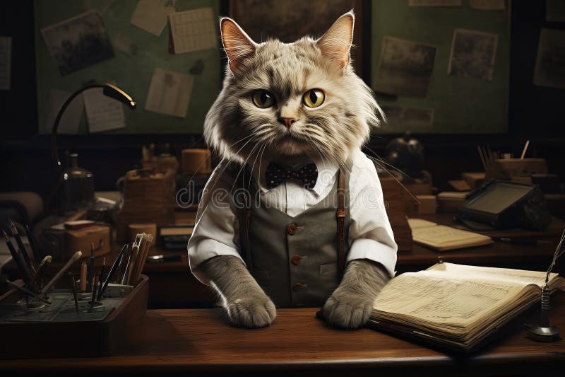 Cat Teacher at the Table in the Classroom. Generative AI Stock ...