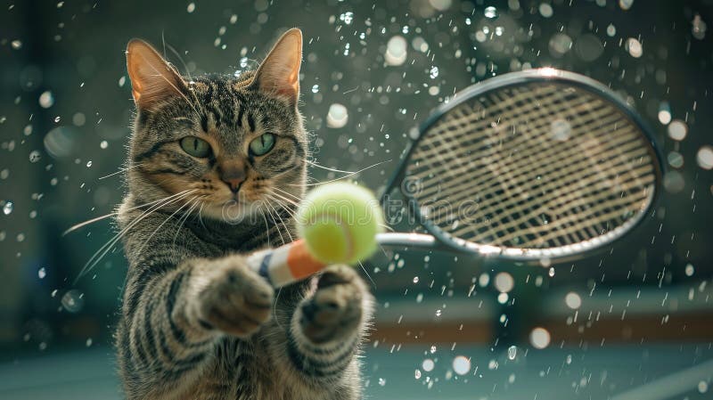 Cat Tennis Player with Racket Hitting the Ball. Generative Ai Stock ...