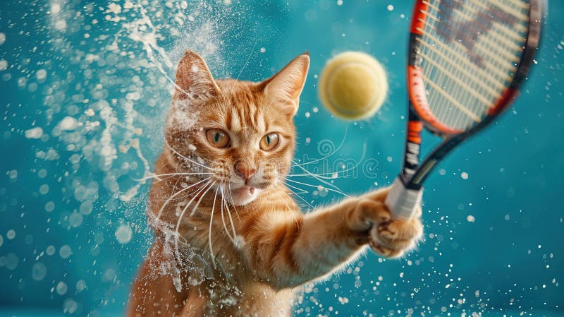 Cat Tennis Player with Racket Hitting the Ball. Generative Ai Stock ...