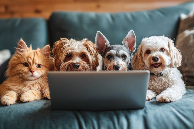 Cat and Three Dogs are Lying on the Sofa and Watching Laptop Screen ...