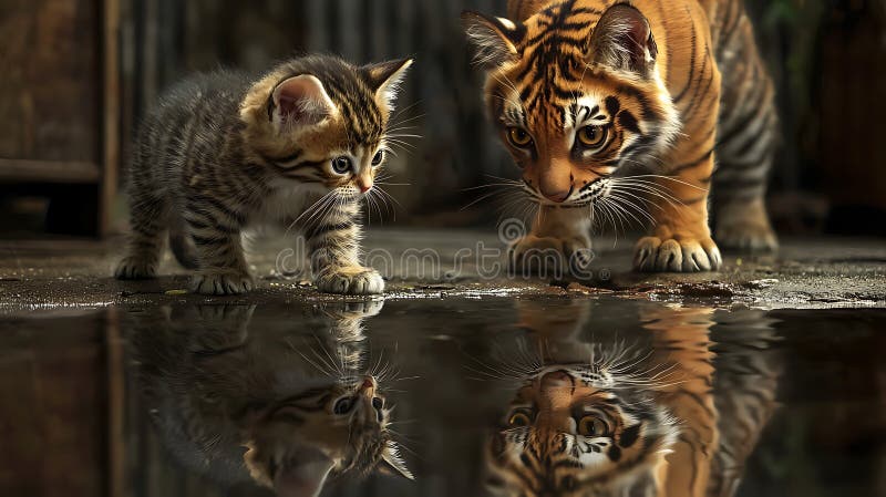 Cat and Tiger Cub Exploring a Puddle Together Stock Illustration ...