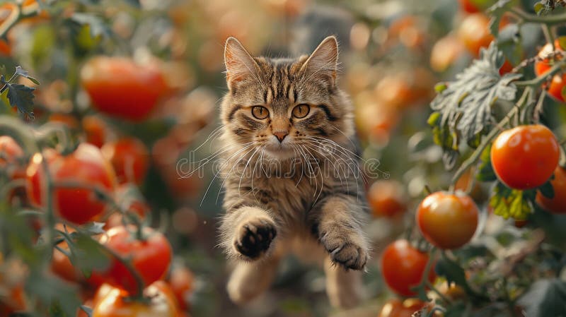 Cat in the tomato field stock illustration. Illustration of tomato ...