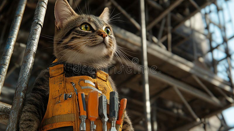 Cat with a Tool Belt on a Scaffold.. Stock Photo - Image of head, young ...