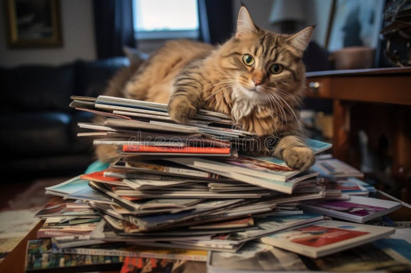 Cat Toppling a Stack of Magazines on a Coffee Table Stock Illustration ...