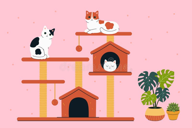 Cat Tree Towers with Cute Cats. Vector Graphics Stock Vector ...