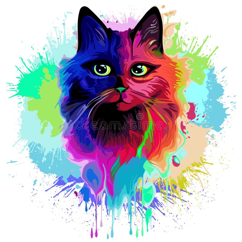 Cat Trippy Psychedelic Pop Art Design on Paint Splatters Background ...