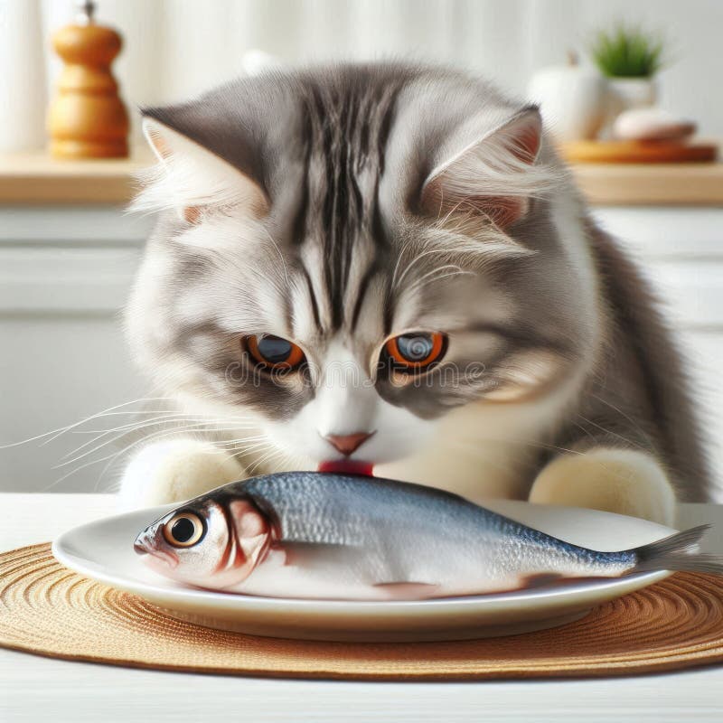 The Cat is Trying To Taste the Fish on the Plate. Stock Photo - Image ...
