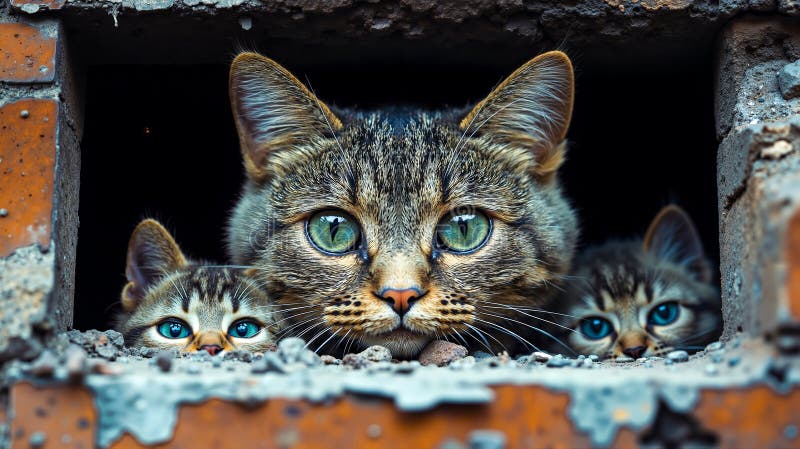A Cat and Two Kittens Peeking Out of a Hole in a Brick Wall Stock Image ...