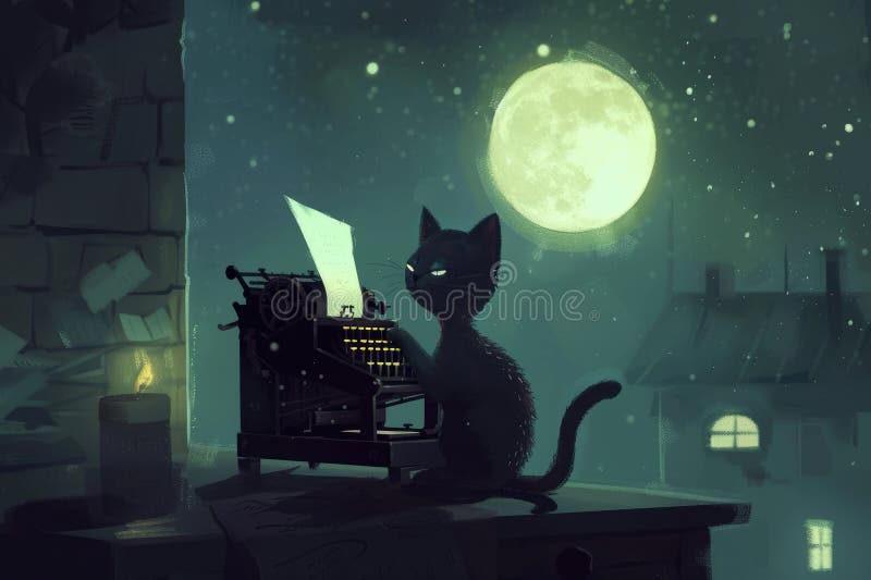 Cat on Typewriter Under Moonlight Typing a Message Stock Illustration ...