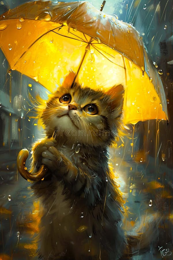 Cat with Umbrella is Looking Up at the Raindrops Falling Around it ...