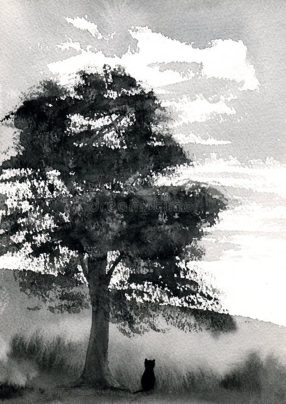 Cat Under Tree stock illustration. Illustration of cloudy - 11897120