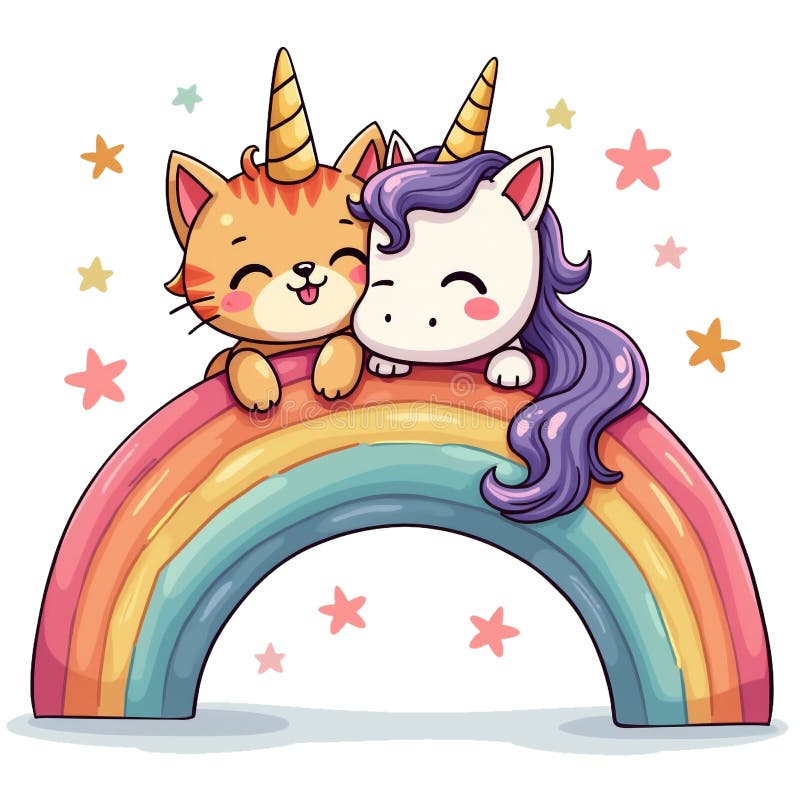 Cat and a Unicorn Sit Together on Top of a Colorful Rainbow Stock ...
