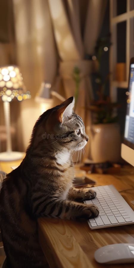 Cat Using Computer at Desk stock illustration. Illustration of home ...