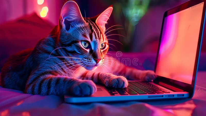 Cat Using Laptop with Colorful Neon Lights Stock Video - Video of ...
