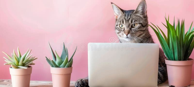 Cat Using Laptop, Work from Home Concept, Pink Background, Plants ...