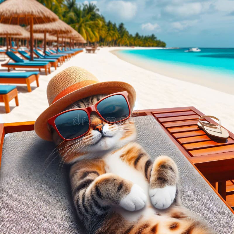 Cat on Vacations Lying on Sunbed on Beach. AI Generated Image Stock ...