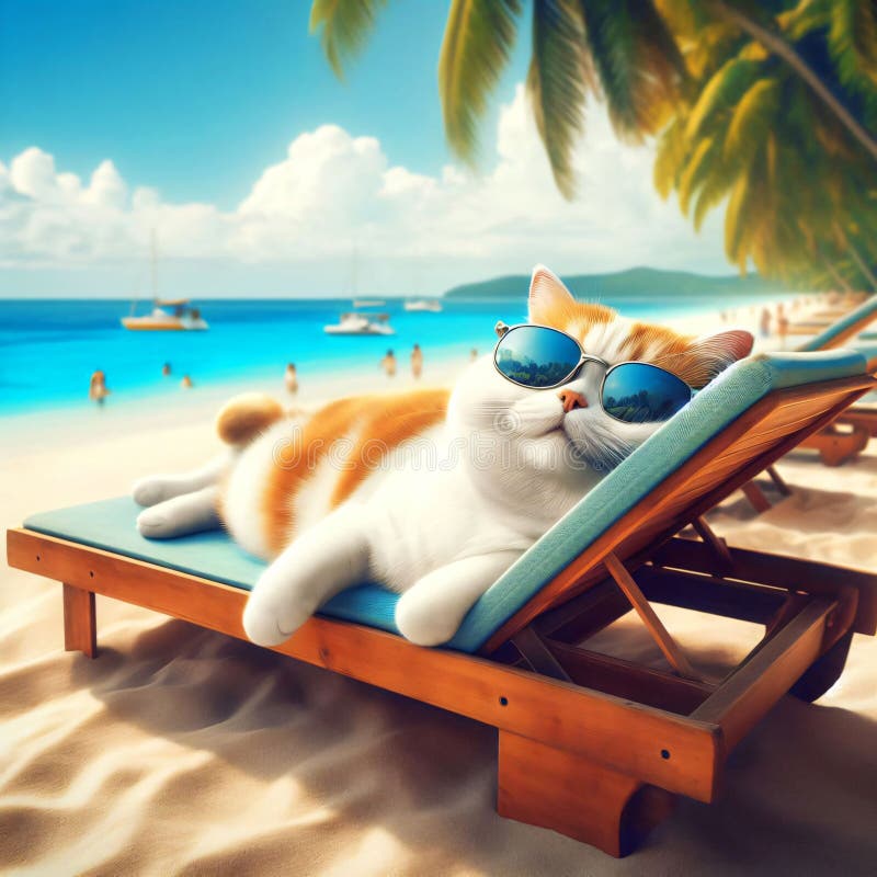 Cat on Vacations Lying on Sunbed on Beach. AI Generated Image Stock Illustration - Illustration ...