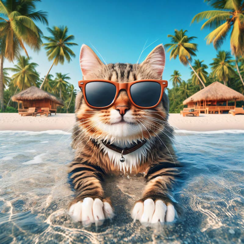 Cat on Vacations Swimming in Sea on Beach. AI Generated Image Stock ...