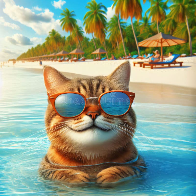 Cat on Vacations Swimming in Sea on Beach. AI Generated Image Stock ...