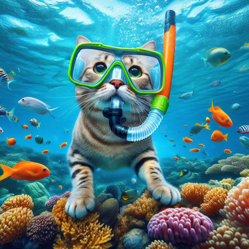 Cat on Vacations Swimming with Snorkel and Mask. Watersport Activity ...