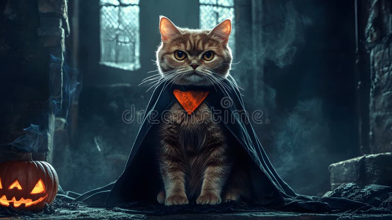Cat in a Vampire Cape Sitting in a Haunted House Set Stock Illustration ...