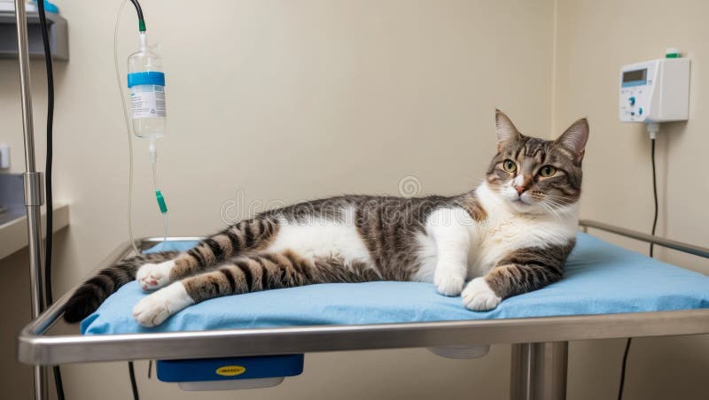 Cat on Veterinary Bed with IV Drip Stock Illustration - Illustration of ...