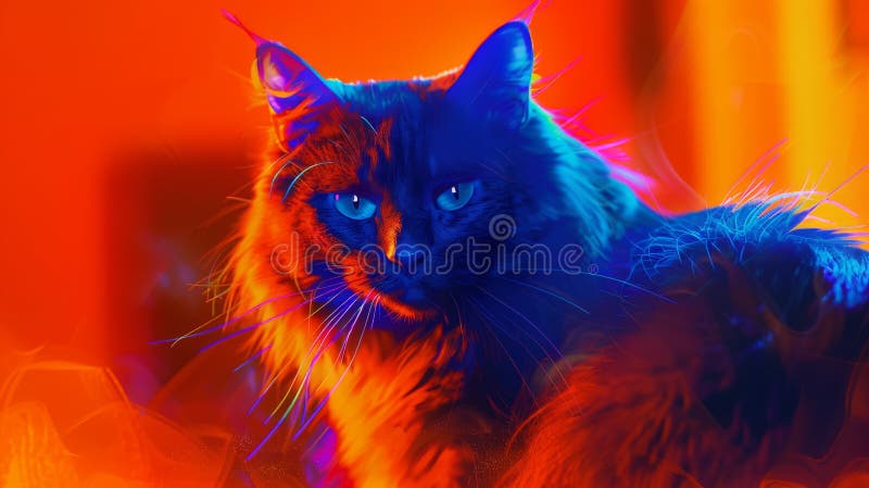 Cat in Vibrant Neon Lighting with Blue and Orange Hues Stock Photo ...