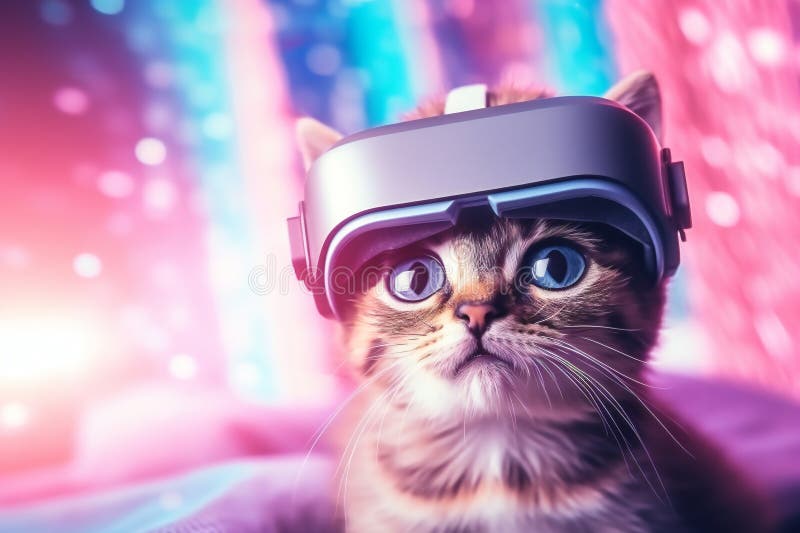 Cat in Vr Headset Exploring Metaverse World, Virtual Reality Subjects ...