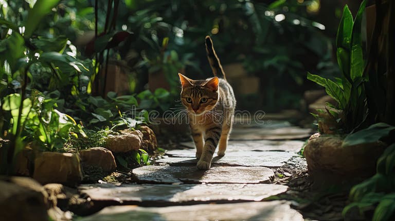 A Cat Walking Across a Minimalist Stone Pathway Surrounded by Greenery ...