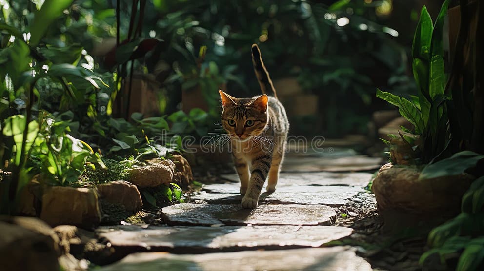 A Cat Walking Across a Minimalist Stone Pathway Surrounded by Greenery ...