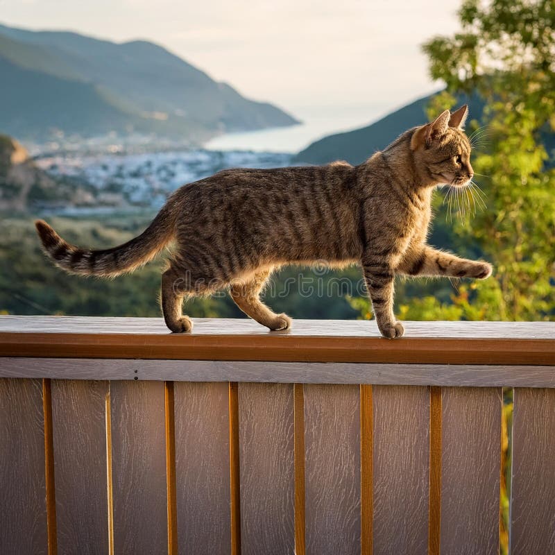 Cat Walking on Balcony Fence, AI Generated Stock Illustration ...