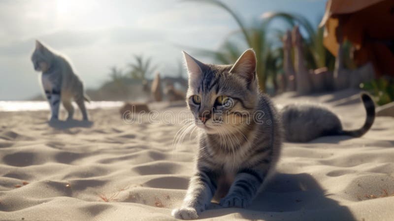 A Cat Walking on the Beach. Funny Grey Cat is Sitting on the Beach ...
