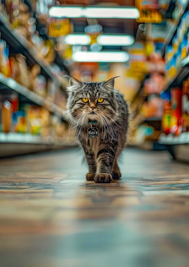 A Cat Walking Down the Aisle of a Grocery Store Stock Image - Image of ...
