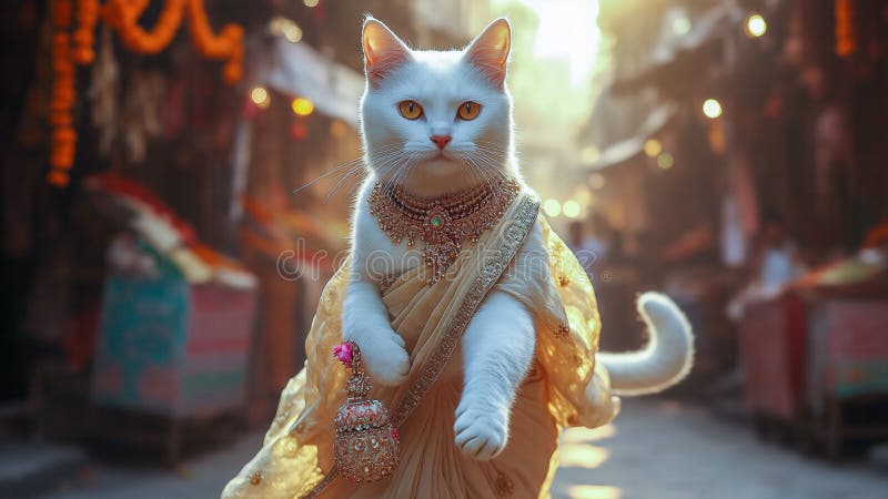 Cat Walking Down the Street in Indian Sari Stock Illustration ...