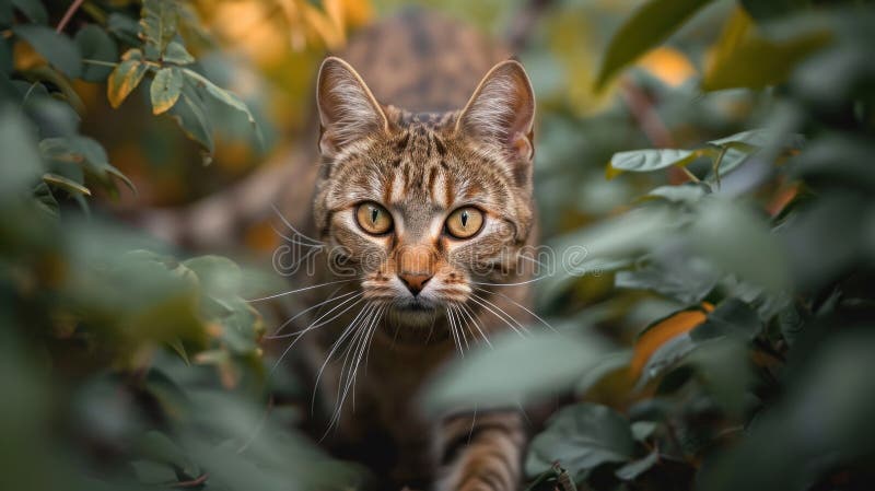 A Cat Walking through a Forest of Leaves and Bushes, AI Stock Image ...