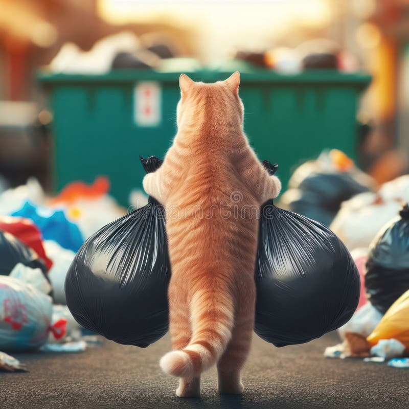 A Cat Walking with Garbage Bags. Stock Image - Image of trash ...