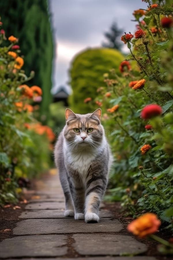 Cat Walking Gracefully Across a Garden Path Stock Illustration ...