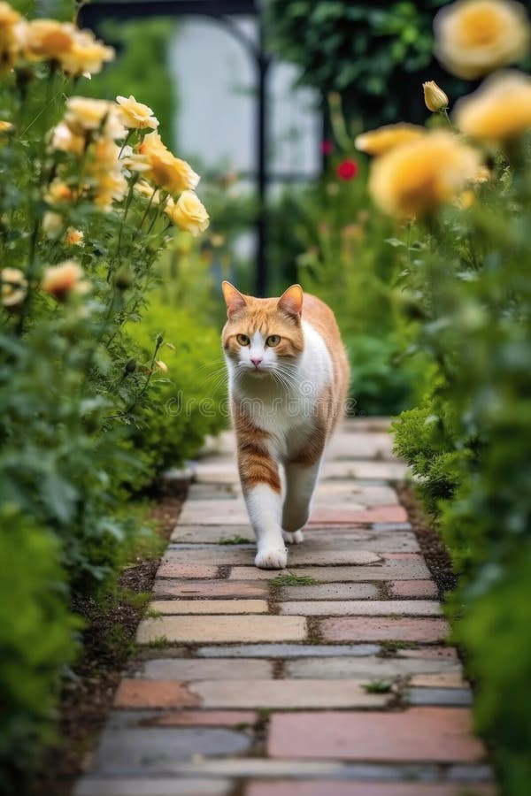 Cat Walking Gracefully Across a Garden Path Stock Illustration ...