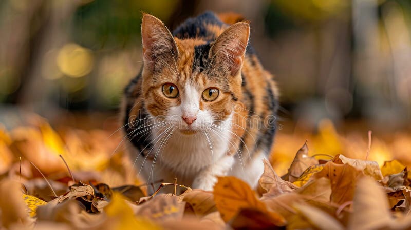 A Cat Walking through Leaves in the Fall Stock Image - Image of medium ...