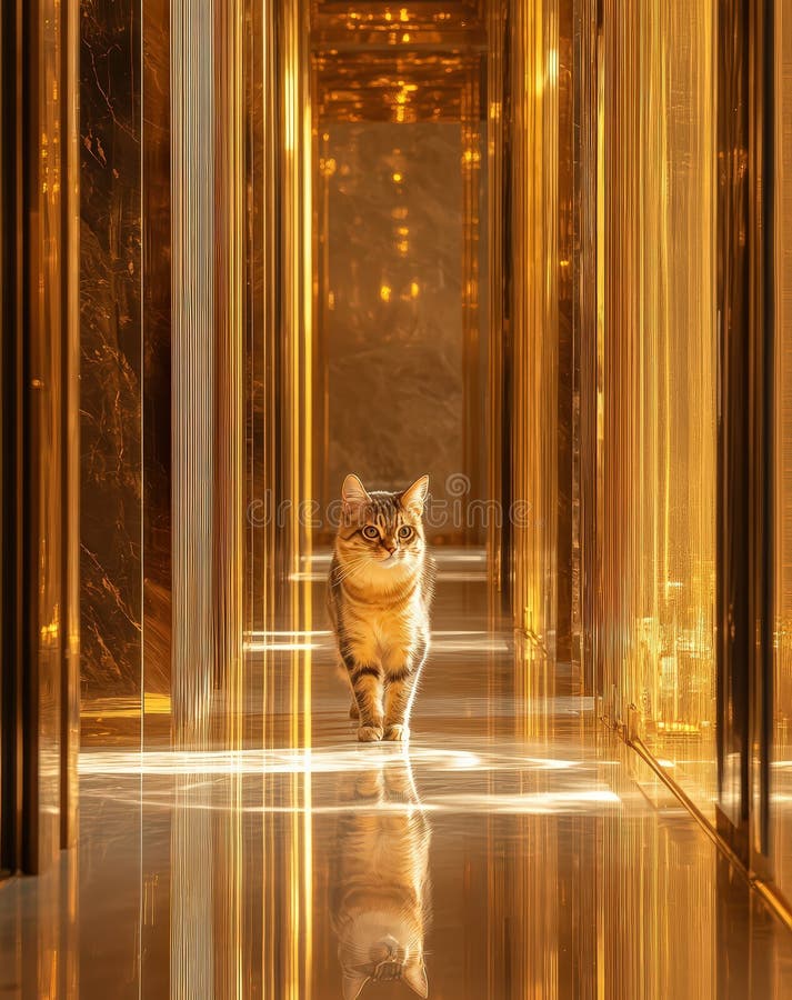 Cat Walking through Luxurious Golden Hallway in Modern Design Stock ...