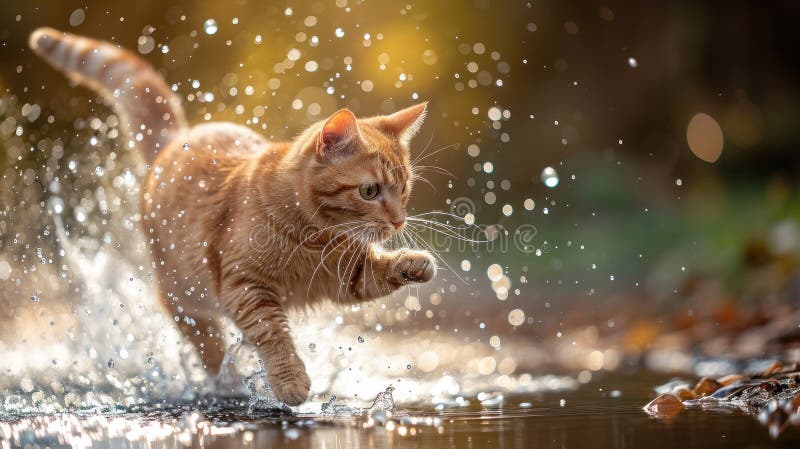 A Cat Walking through a Puddle of Water in the Woods, AI Stock Image ...