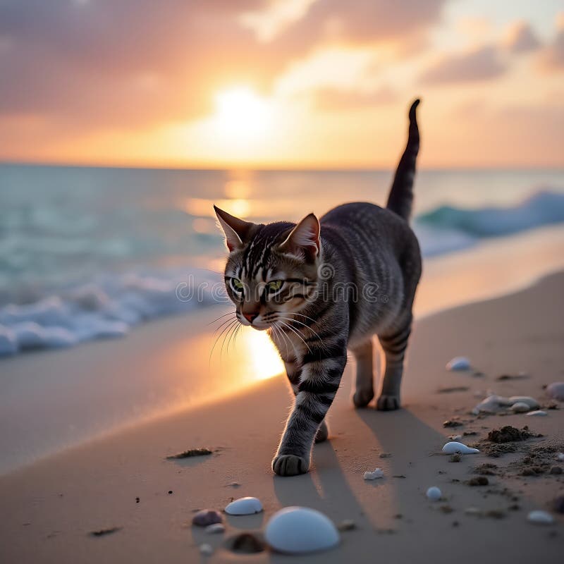 A Cat Walking on Sand Beach at Sunset Sky Stock Illustration ...