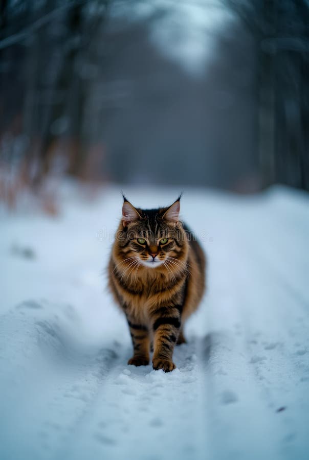 A Cat is Walking on a Snowy Path Stock Illustration - Illustration of ...