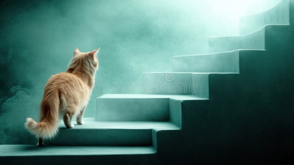 A Cat Walking Up a Set of Stairs in the Dark, AI Stock Photo - Image of ...