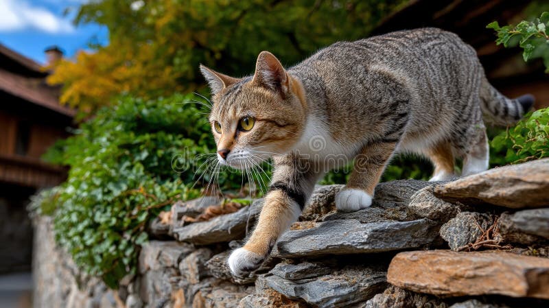 A Cat is Walking Up a Stone Wall. Generative AI Stock Illustration ...