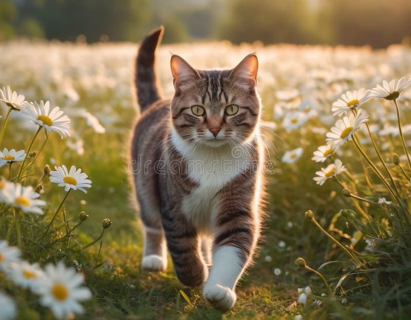A Cat Walks in a Field with Daisies. Stock Image - Image of summer ...
