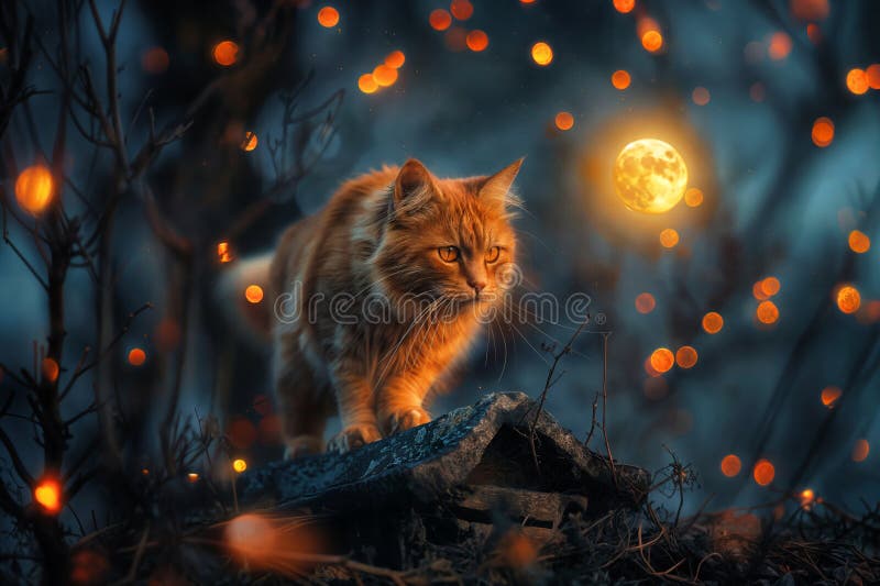 A Cat Walks Outside in a Magical Landscape during the ...