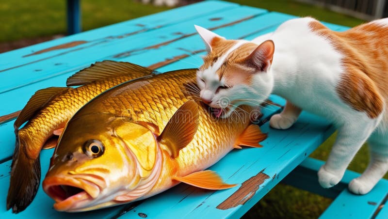 The Cat Wants To Eat the Newly Caught Fish Stock Photo - Image of ...