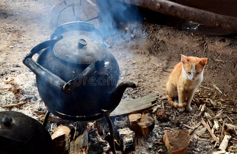 Cat with Warm Fire of Kettle Stock Photo - Image of kettle, black: 65811616